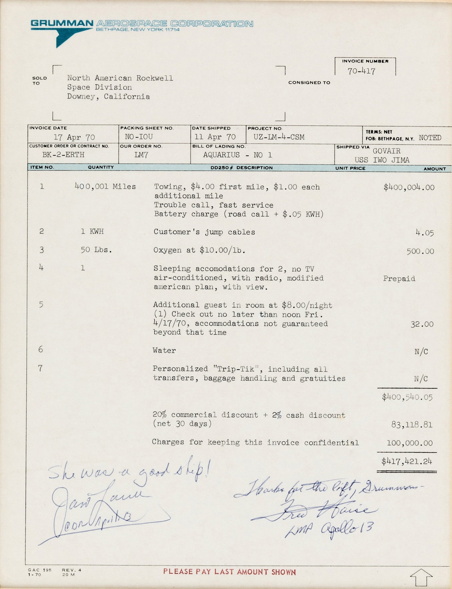 Apollo 13, facture de remorquage